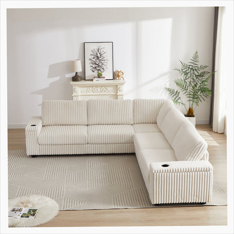 Latitude Run 110 Inch Oversized Corduroy Corner Sofa L Shaped Corner Couch with two storage spaces Body Fabric Beige